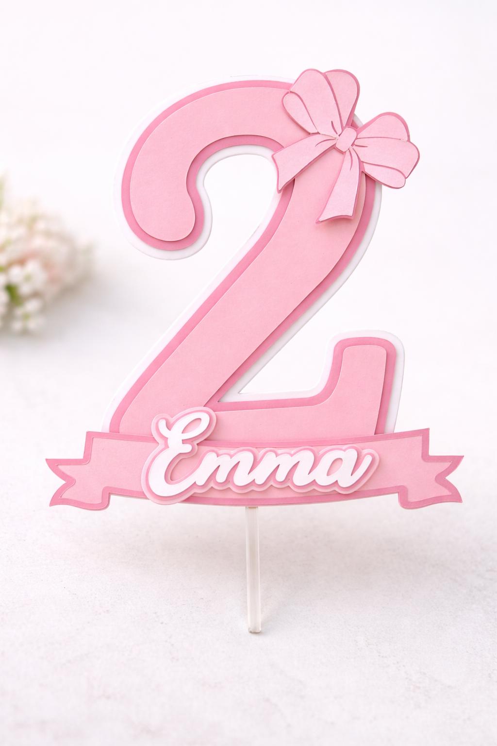 Pink Number 2 Cake Topper With Bow, Personalized Name, Girl 2nd ...