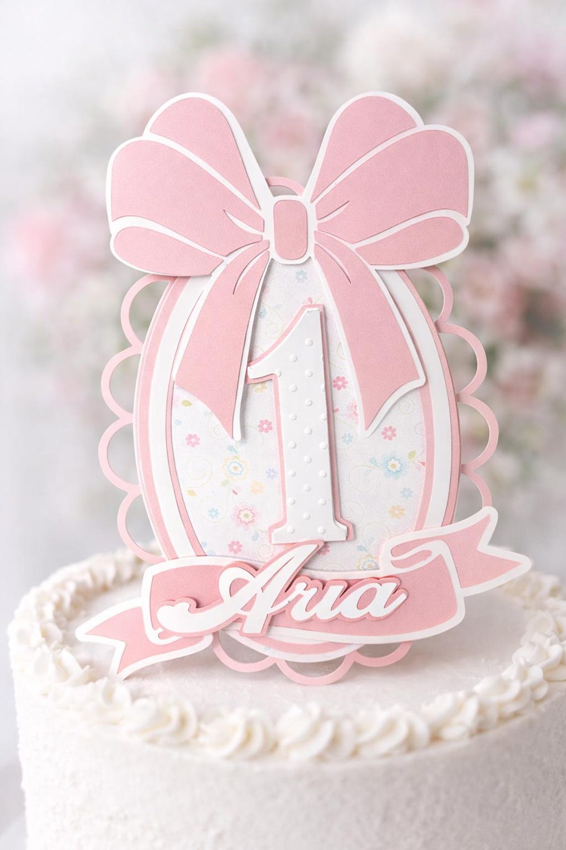 First Birthday Cake Topper Girl, Personalized Pink Bow Number 1 Topper ...