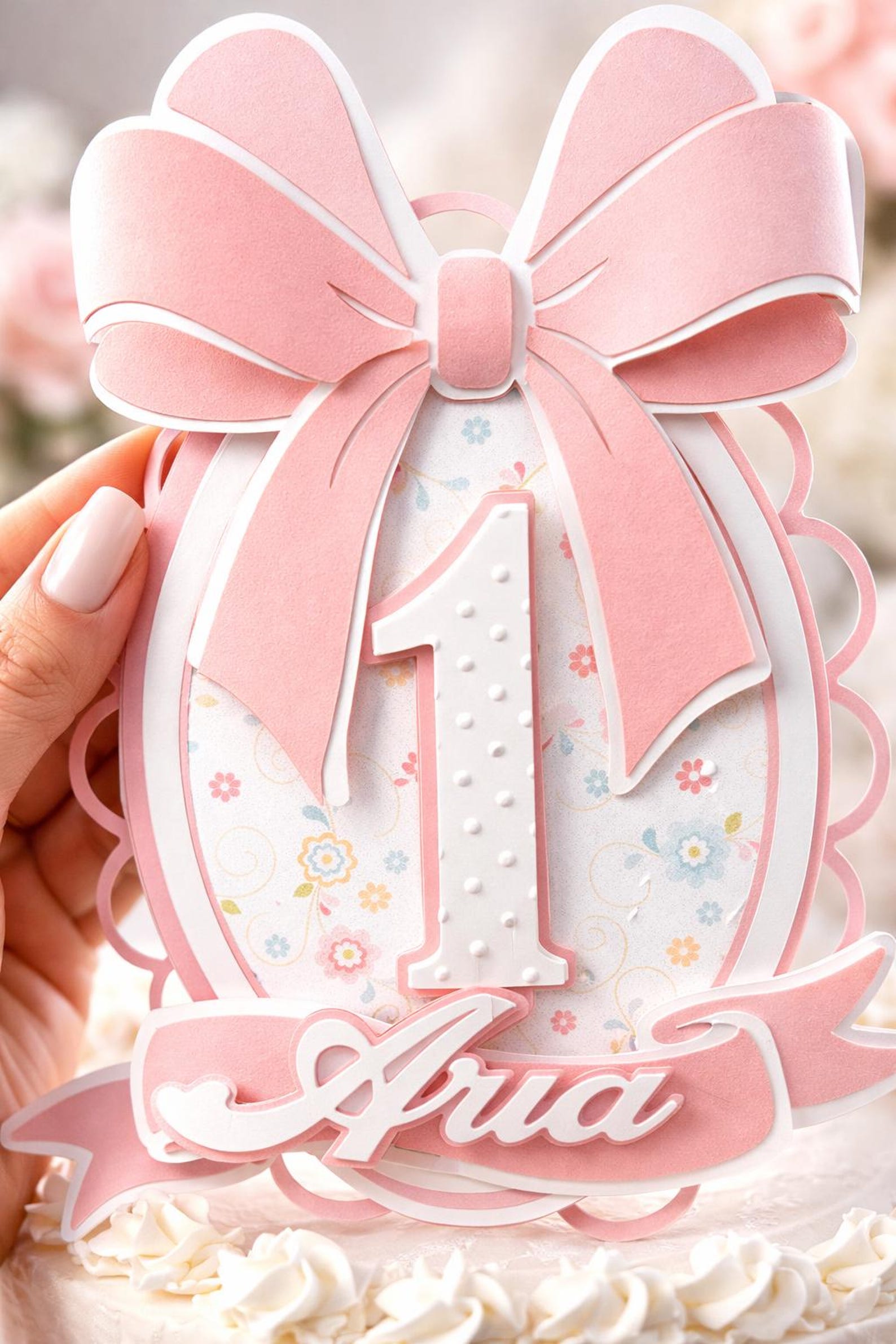 First Birthday Cake Topper Girl, Personalized Pink Bow Number 1 Topper ...