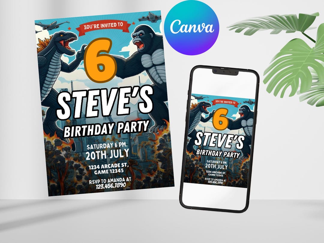 King Kong and Godzilla Invitation, King Kong and Godzilla Birthday ...