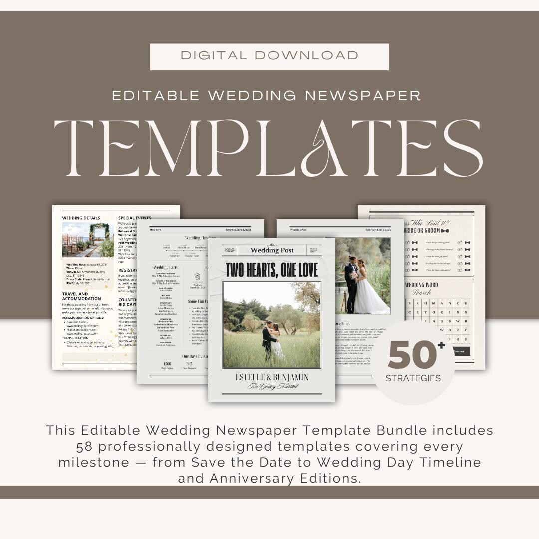 Editable Wedding Newspaper Template | Save the Date, Itinerary, and ...