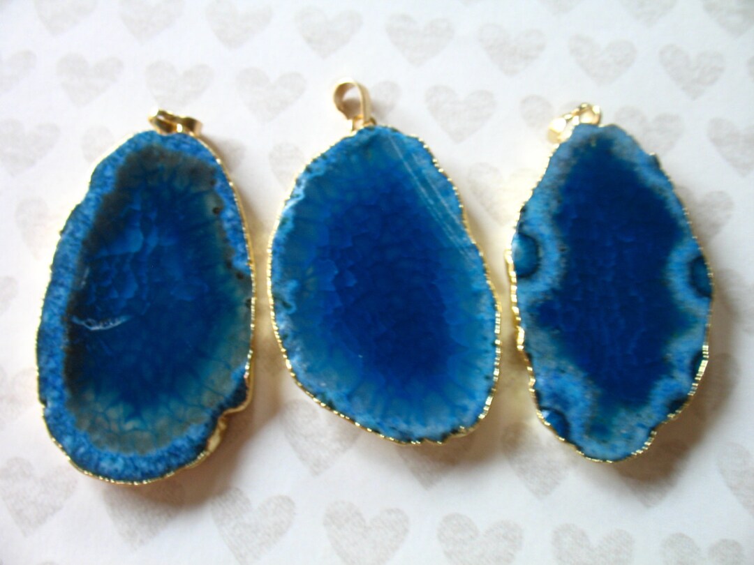 Blue Cracked Agate Slice Pendant: Gold Edged Druzy (40-60 Mm) - Etsy