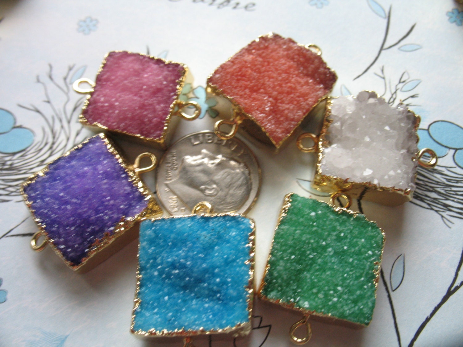 Sale.. Drusy Druzy Pendant Link Connector, Square, Geometric, 17-18.5 Mm, Gold Electroplated ...