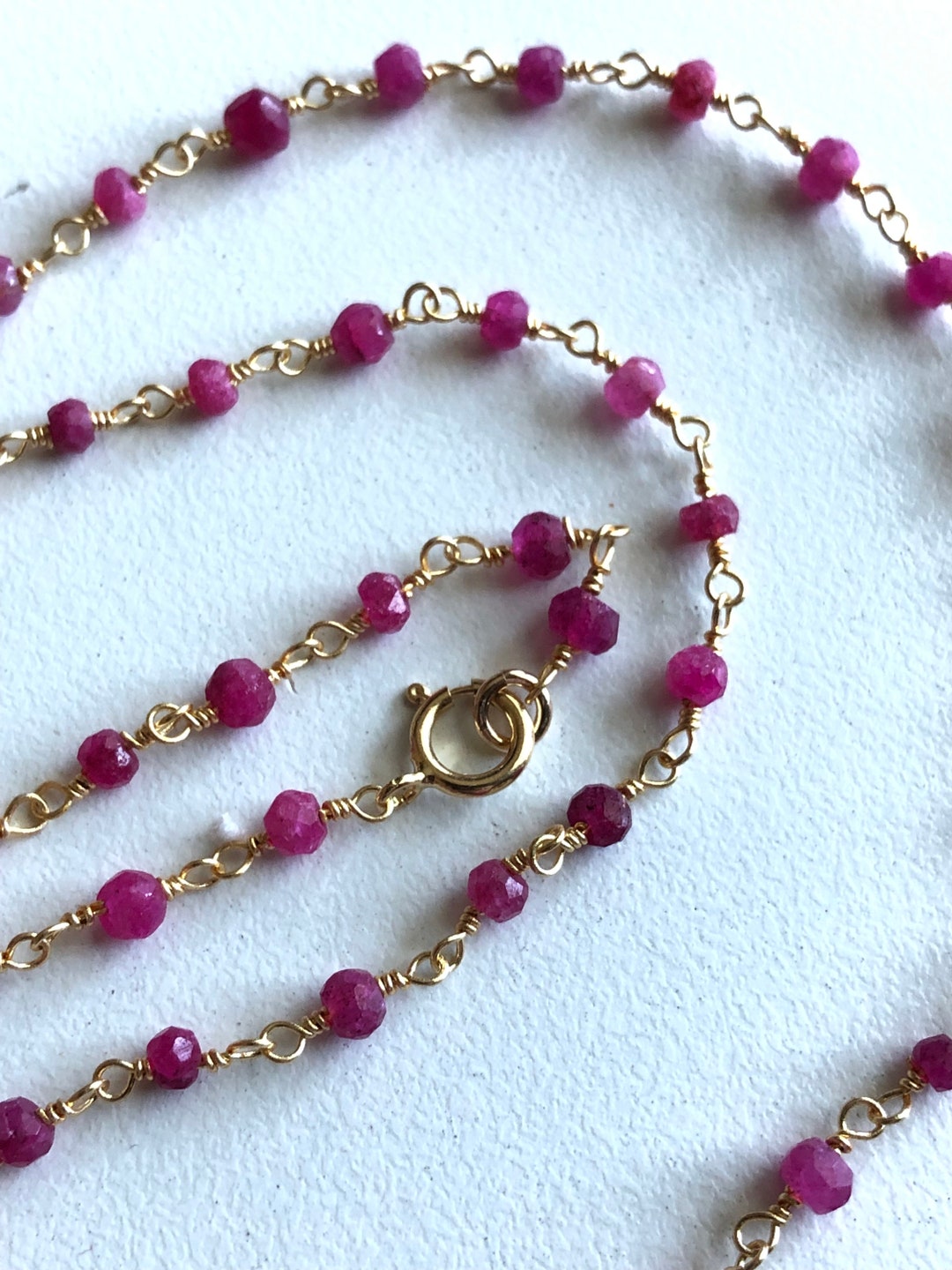Ruby Rosary Chain Necklace, Gold Brass Wire Wrapped Gemstone Rondelle ...