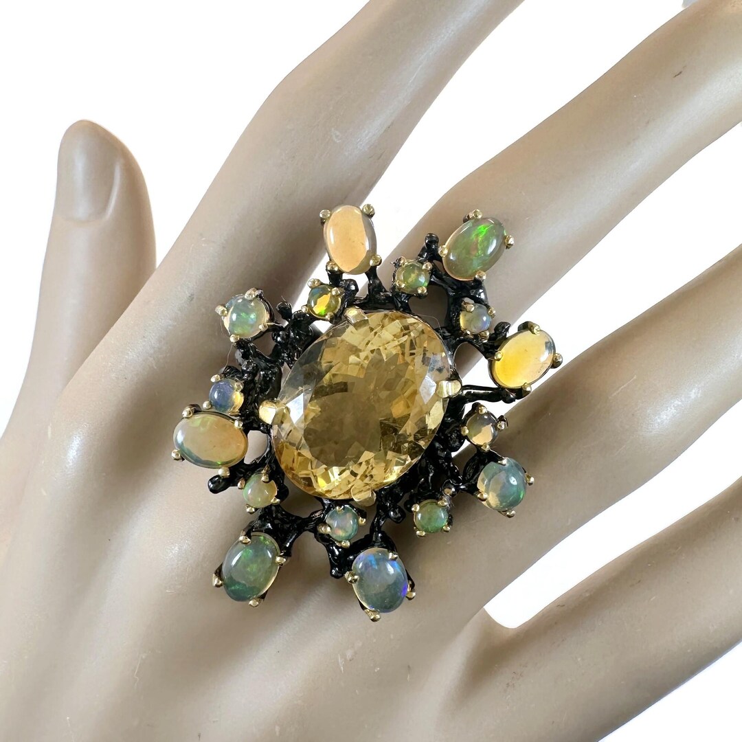 Brutalist Sterling Silver Citrine Ring: Natural Fire Opal Accents, Size ...