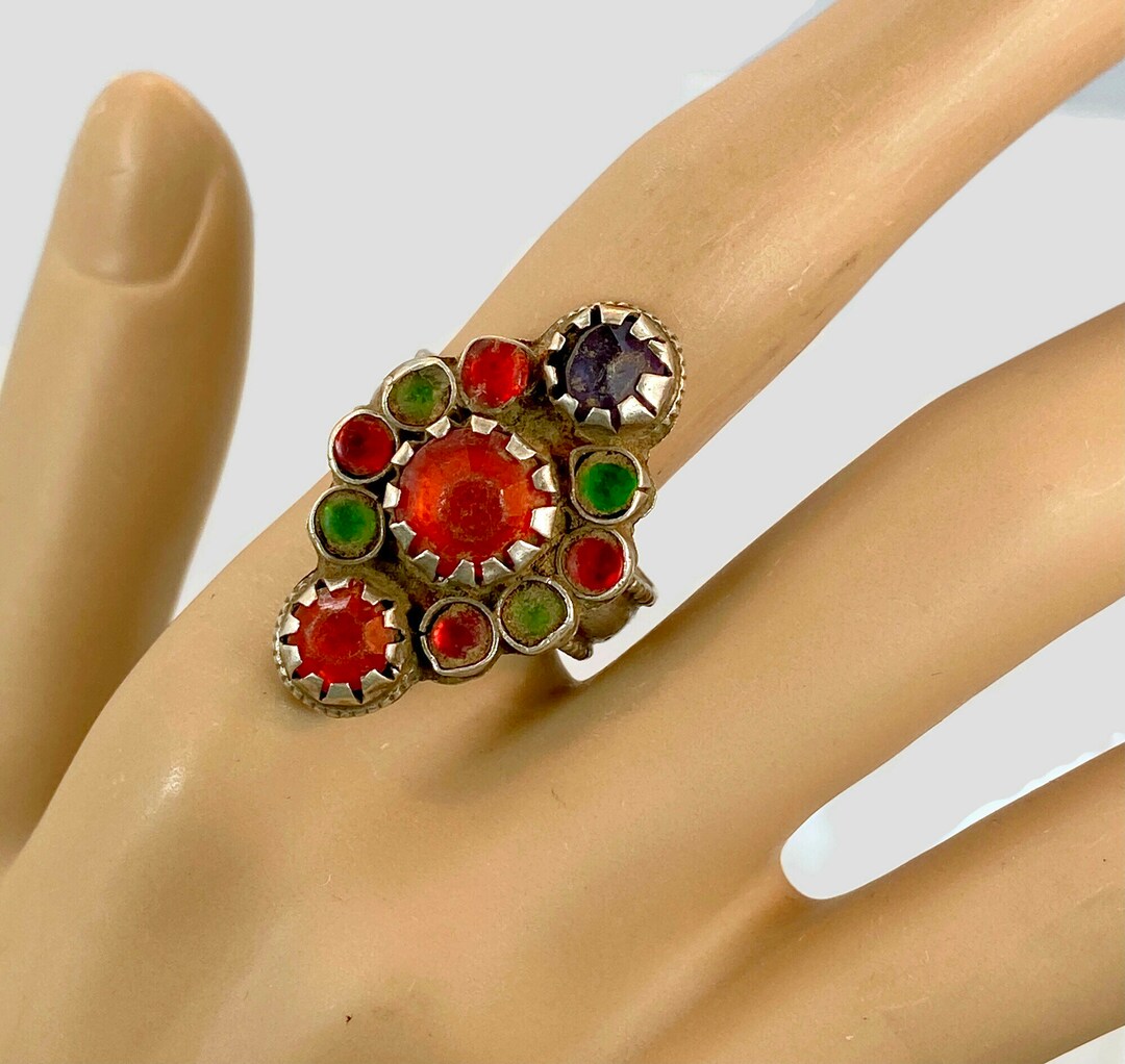 Old Silver Ring, Pakistan, Glass Jewels, Vintage Ring, Size 8, Middle ...