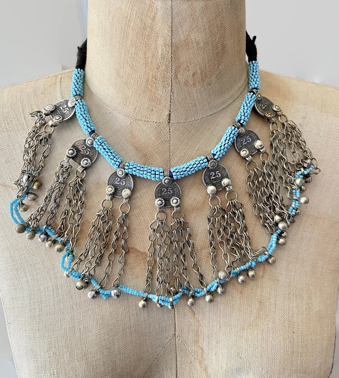 Coin Necklace, Afghan, Blue, Afghan, Kuchi, Vintage Necklace, Middle ...
