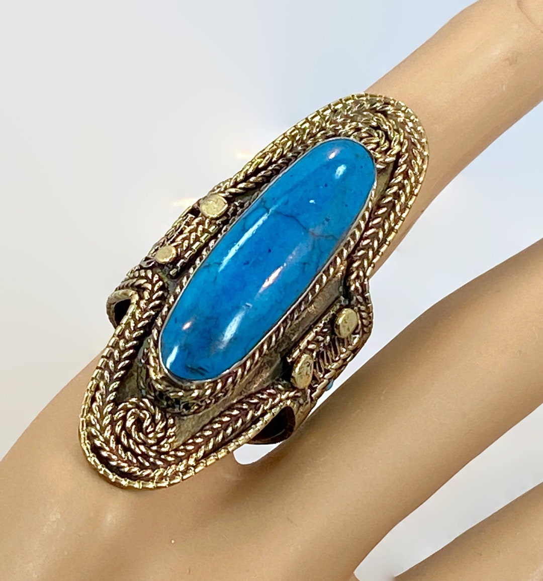 Tibetan Ring, Blue Stone Ring, Nepal Jewelry, Statement, Massive, Size ...