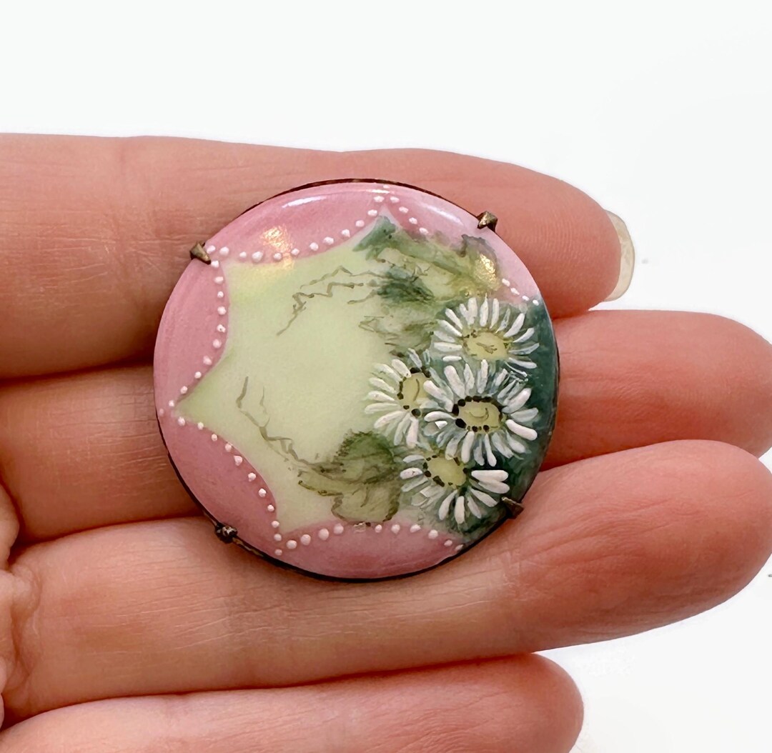 Victorian Brooch, Hand-painted, Porcelain, Flowers, Daisy, Pink, C ...