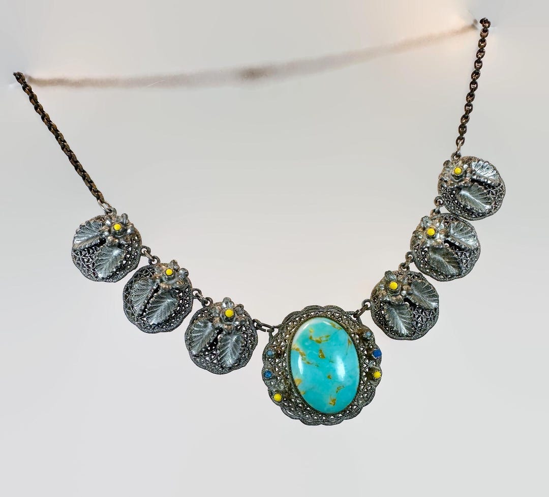 Art Deco Necklace, Hubbell Glass, Turquoise, Silver Tone, 30s, Vintage ...