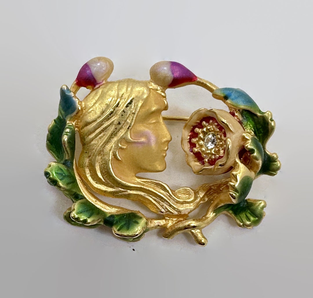 Lady Brooch, Art Nouveau Style, Gold Tone, Enameled, Vintage, Flowers ...