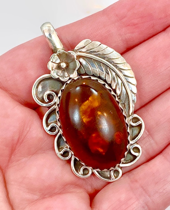 Amber Pendant, Sterling Silver, Native American, Nava… - Gem