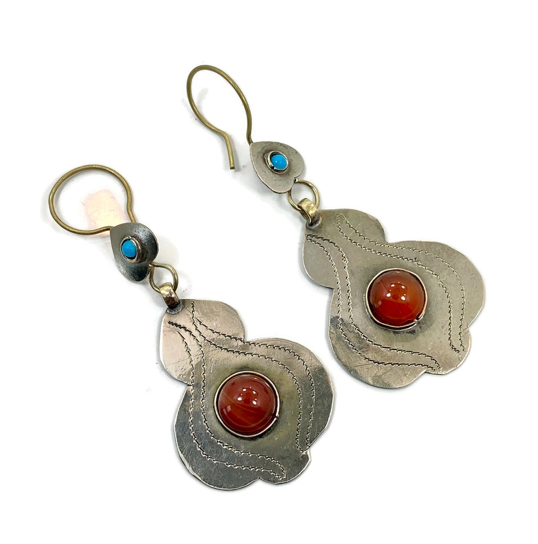 Boho Earrings Kuchi Earrings Carnelian Turquoise Vintage - Etsy
