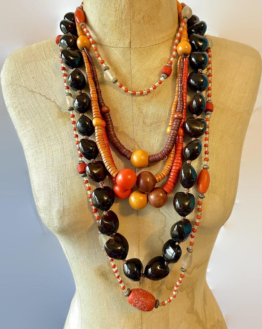 Necklace Layer Lot, Massive, 70s, Boho, Statement, Glass, Wood, Nut ...