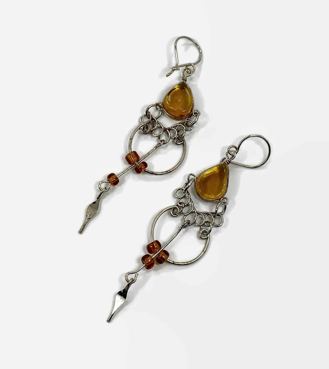 Peruvian Earrings, Boho, Long, Silver, Glass, Vintage Earrings, Brown ...