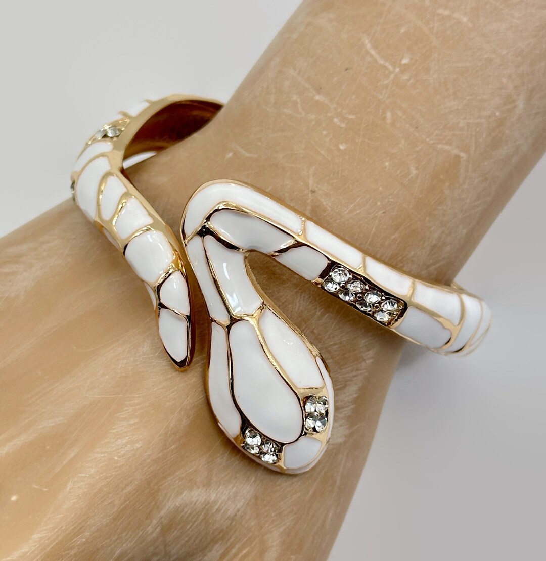 Snake Bracelet, Enamel, White, Hinged Bangle, Gold, Rhinestone, Vintage, Unique, Unusual - Etsy