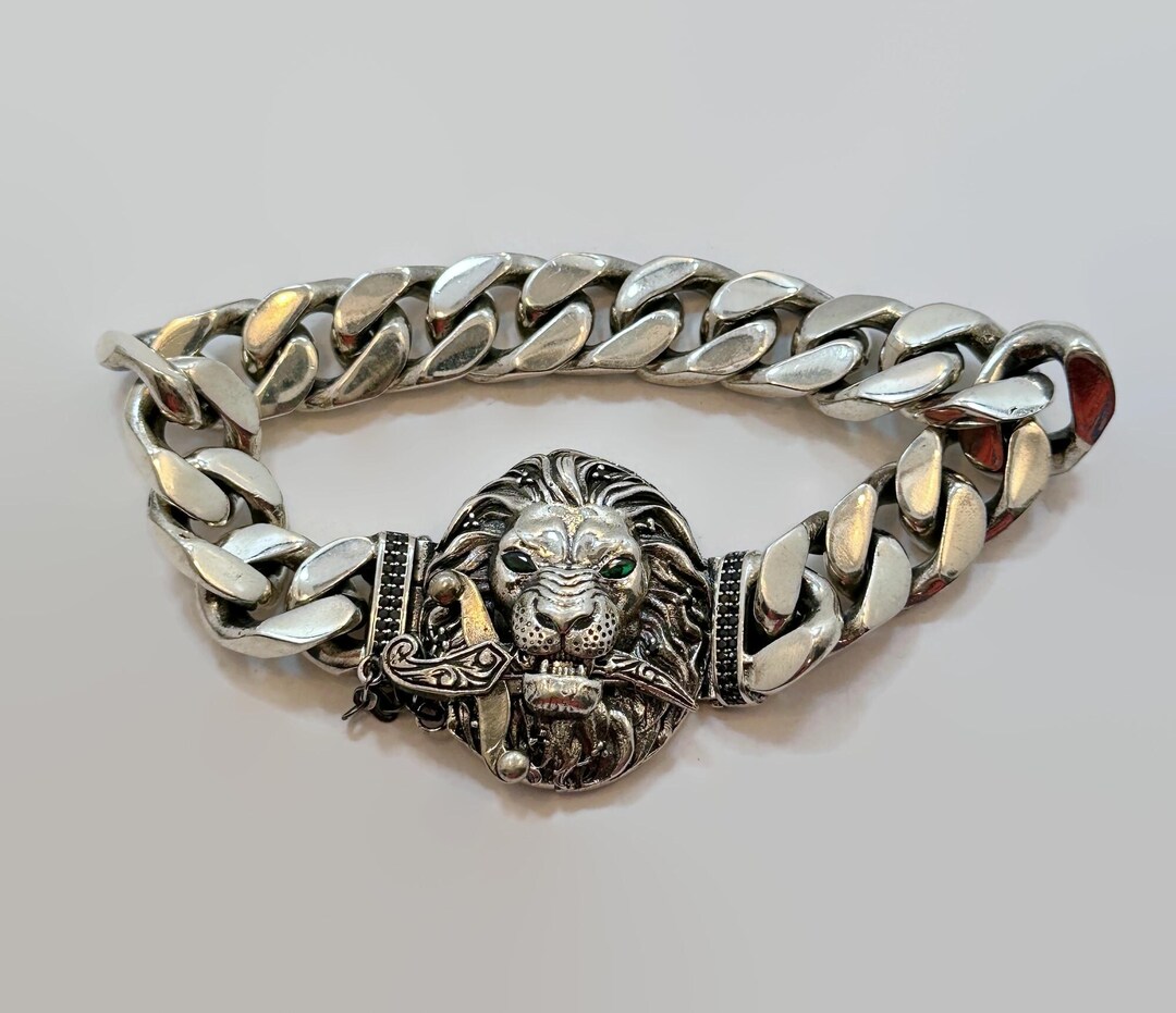 Lion Bracelet, Mens, Sterling Silver, Sword Clasp, 108 Grams, Links ...