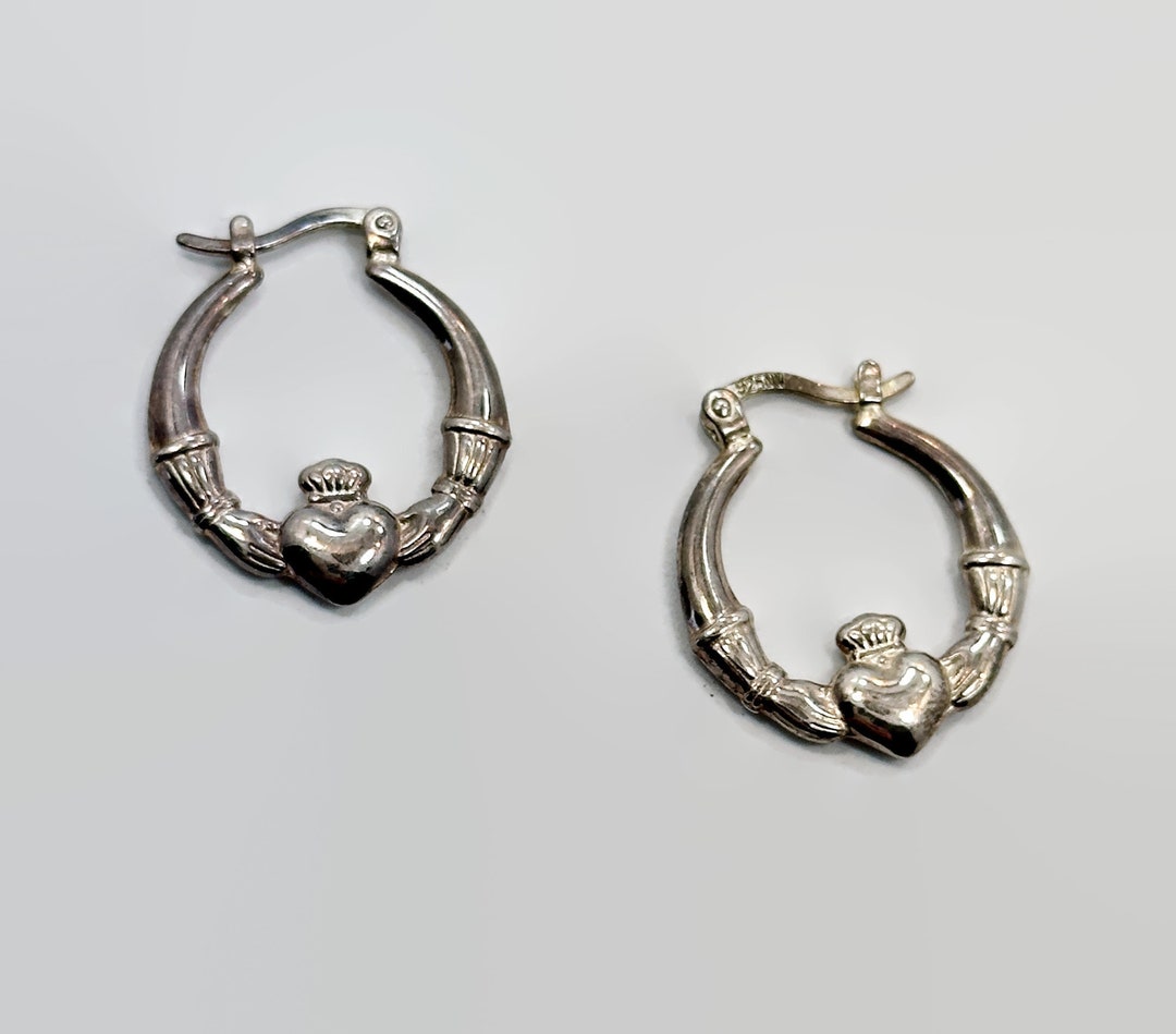Claddagh Earrings, Hoops, Sterling Silver, Vintage, Irish Jewelry ...