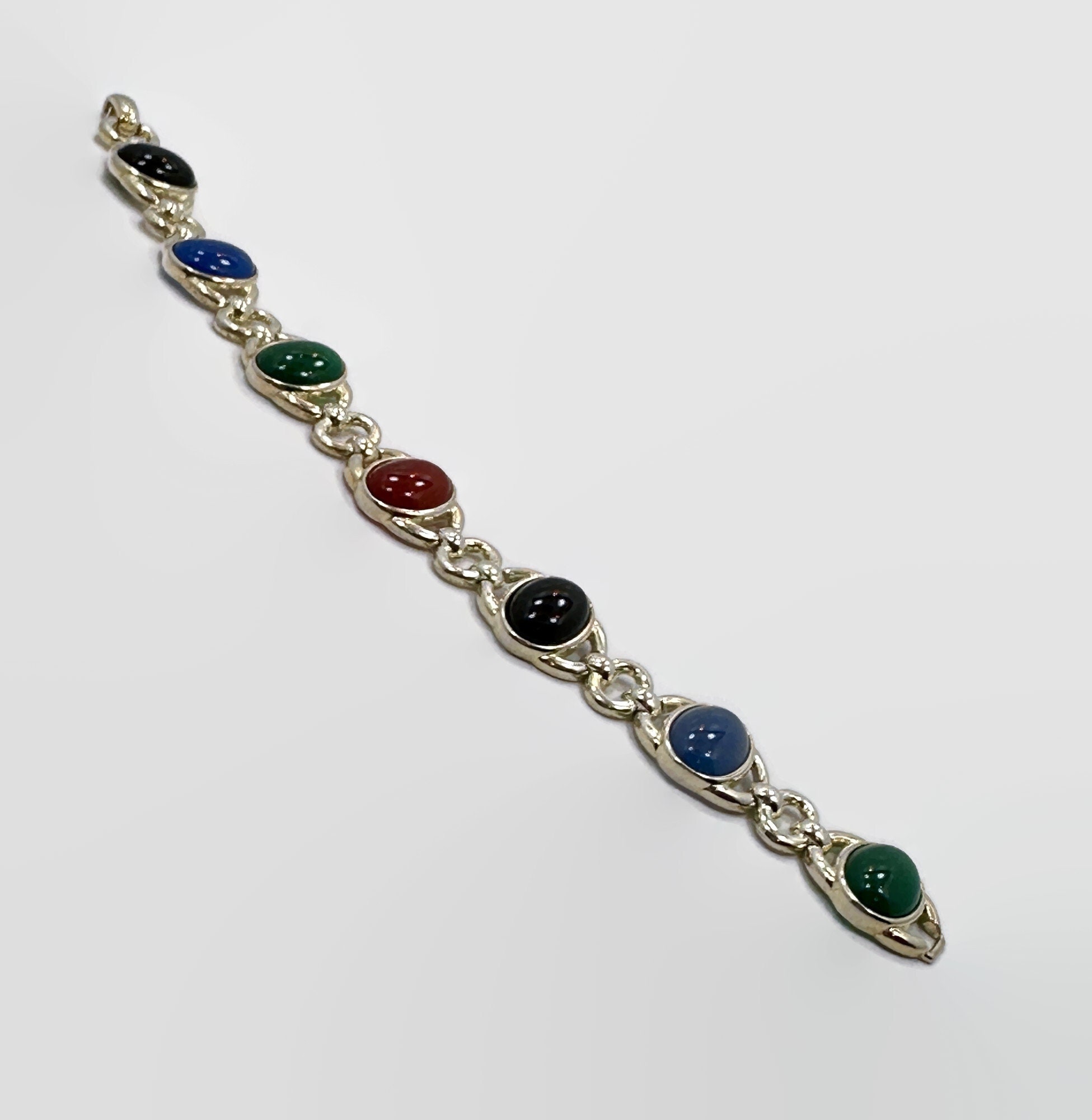 Stone Bracelet, Onyx, Chalcedony, Green, Black, Sterling Stone Bracelet, Onyx, Chalcedony, Green, Black, Sterling