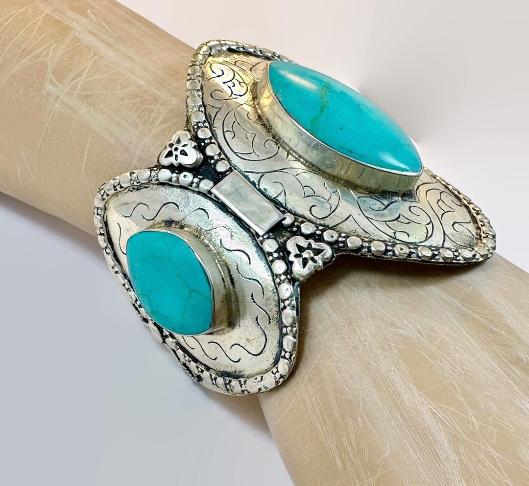 Vintage Afghan Bracelet: Middle Eastern, Turquoise, Cuff, Silver ...
