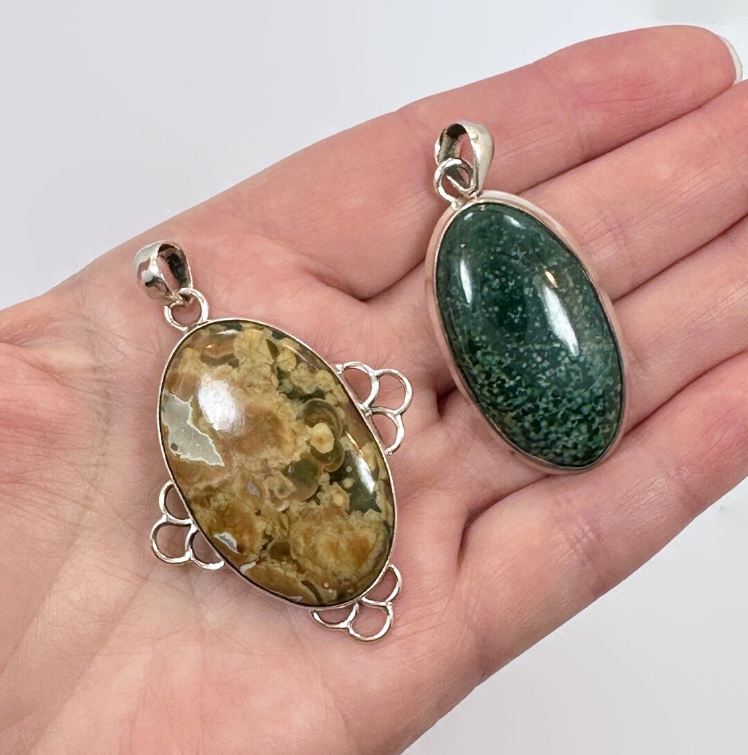 2 Pendants, Rainforest Rhyolite, Green Jasper, Sterling Silver, Lot of ...