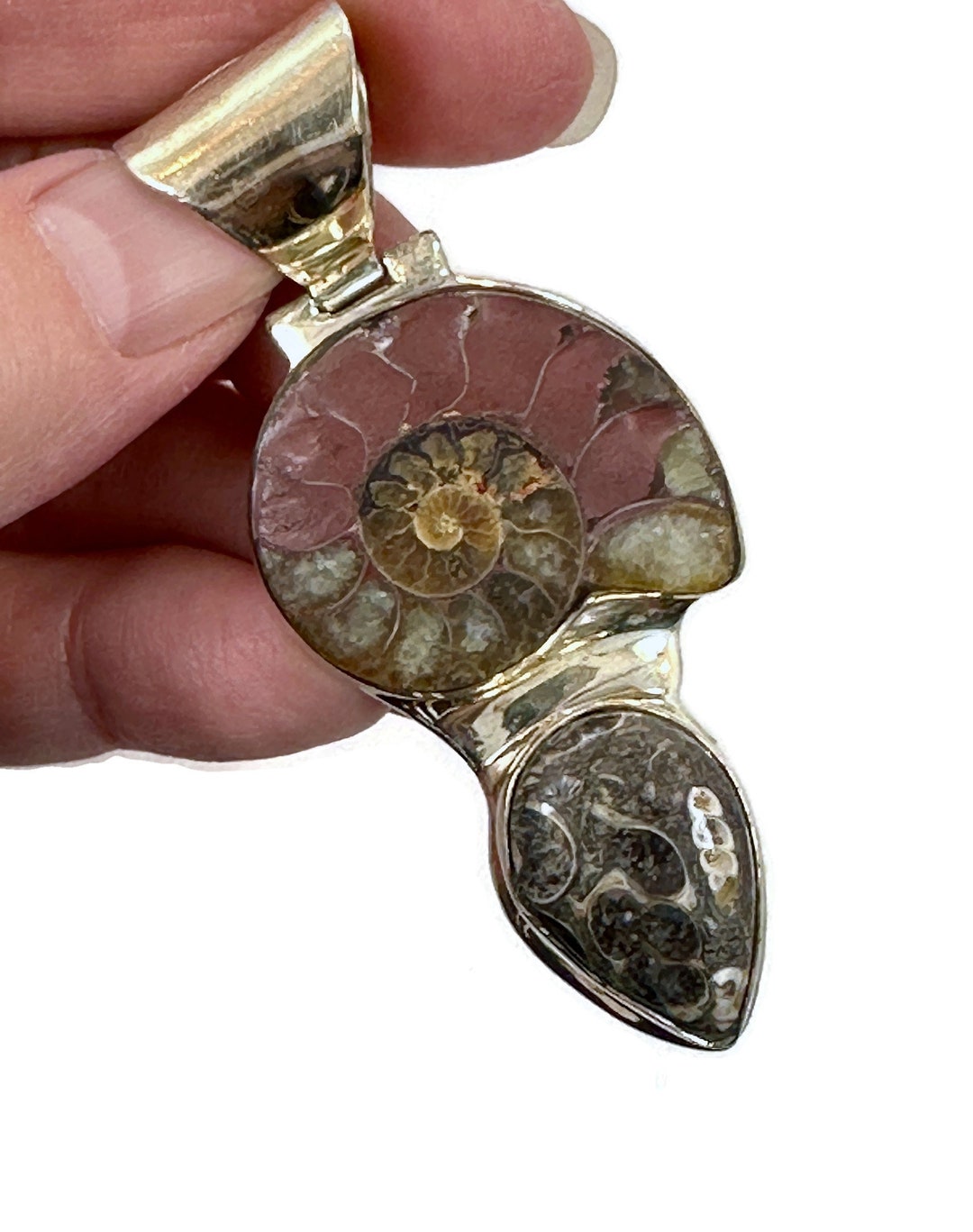 Ammonite Pendant, Turritella Agate, Sterling Silver, Fossil, Statement ...