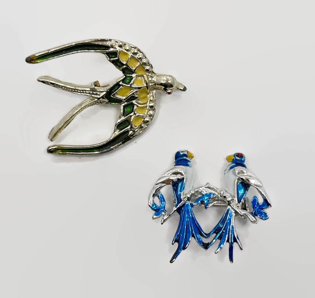 Vintage Enamel Bird Brooches: Gold Swallow & Bluebird Pair - Etsy