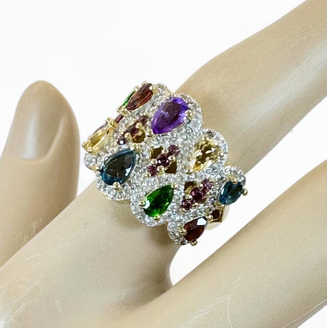 Vintage Multi Gemstone Ring: Sterling Silver Gold Vermeil Cluster - Etsy