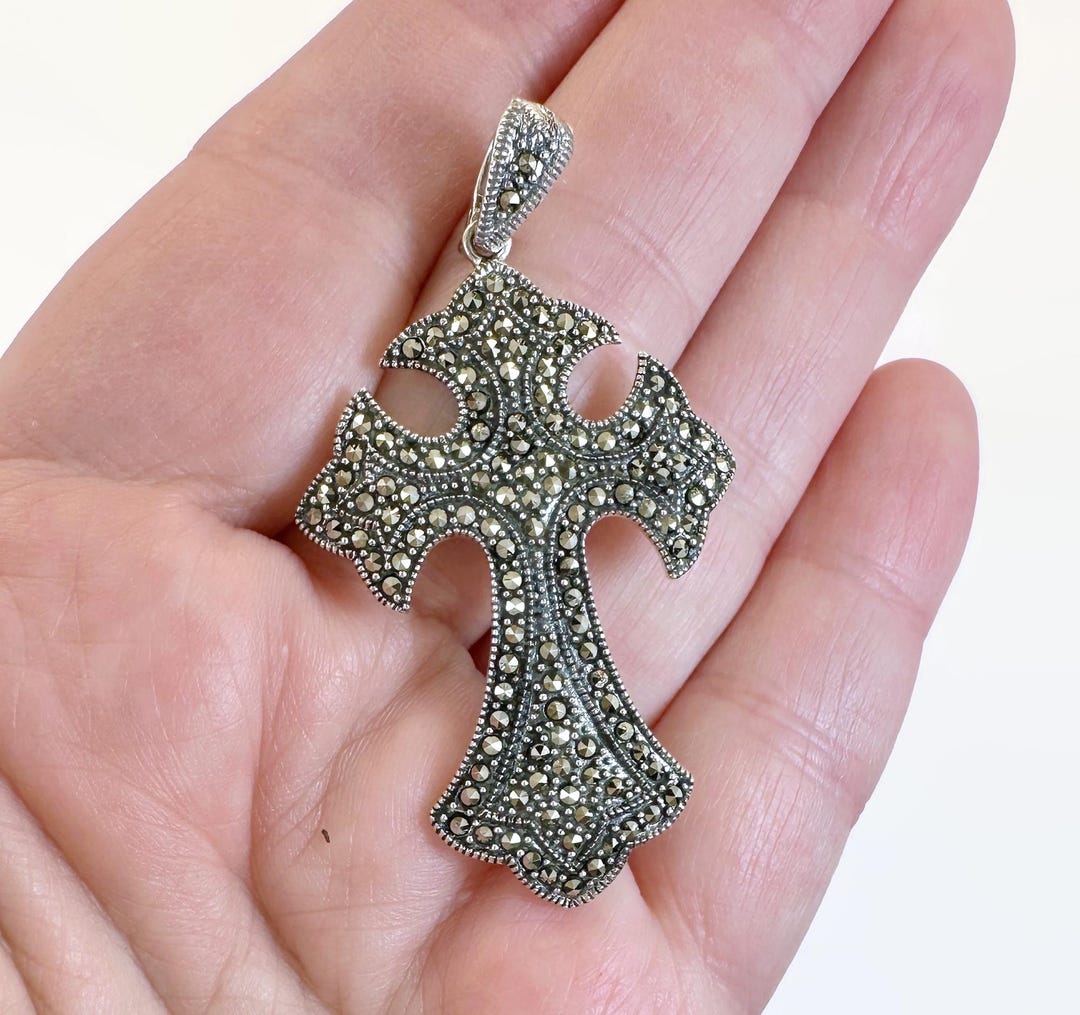 Vintage Marcasite Cross Pendant: Sterling Silver Black Stones Sparkling ...