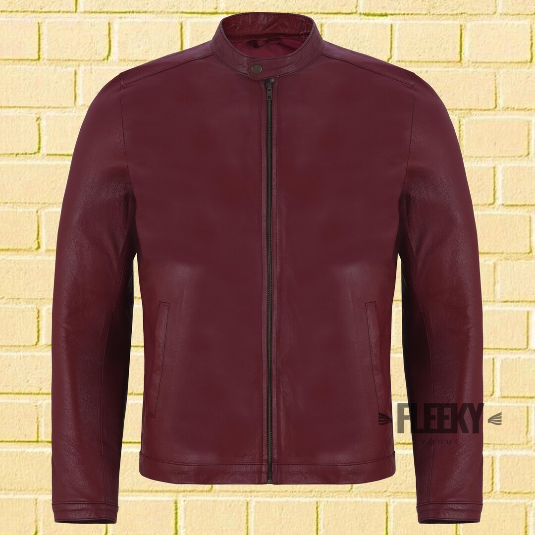 Maroon Sheep Leather Jacket- Sleek Zipper Design and Stand Collar ...