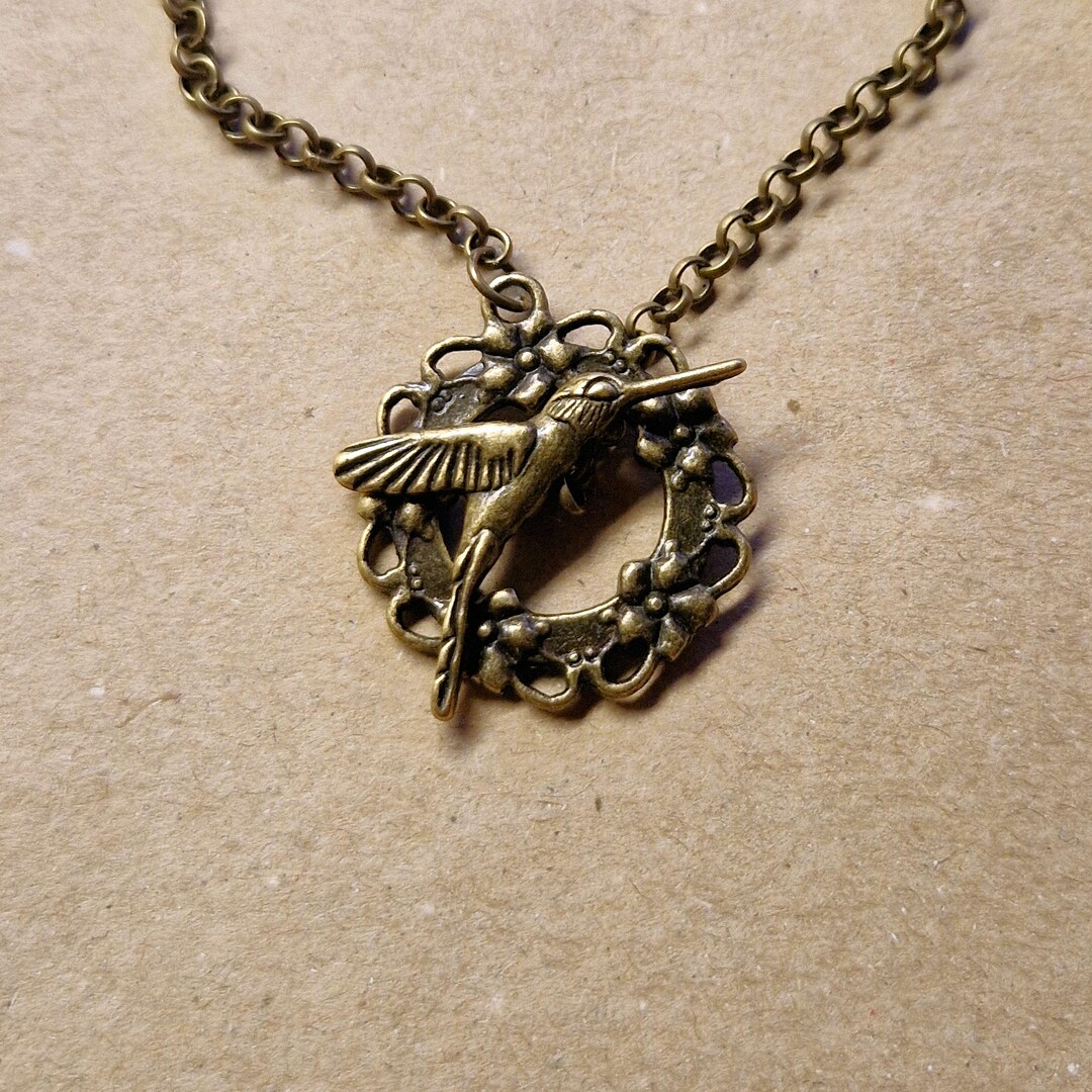 Mockingjay Necklace, Antique Bronze Flower Wreath, Bird Handmade ...