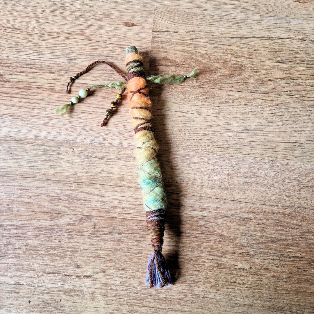 Tiger Eye and Chinese Jade Talking Stick Multi-colored Wool Hazelnut ...
