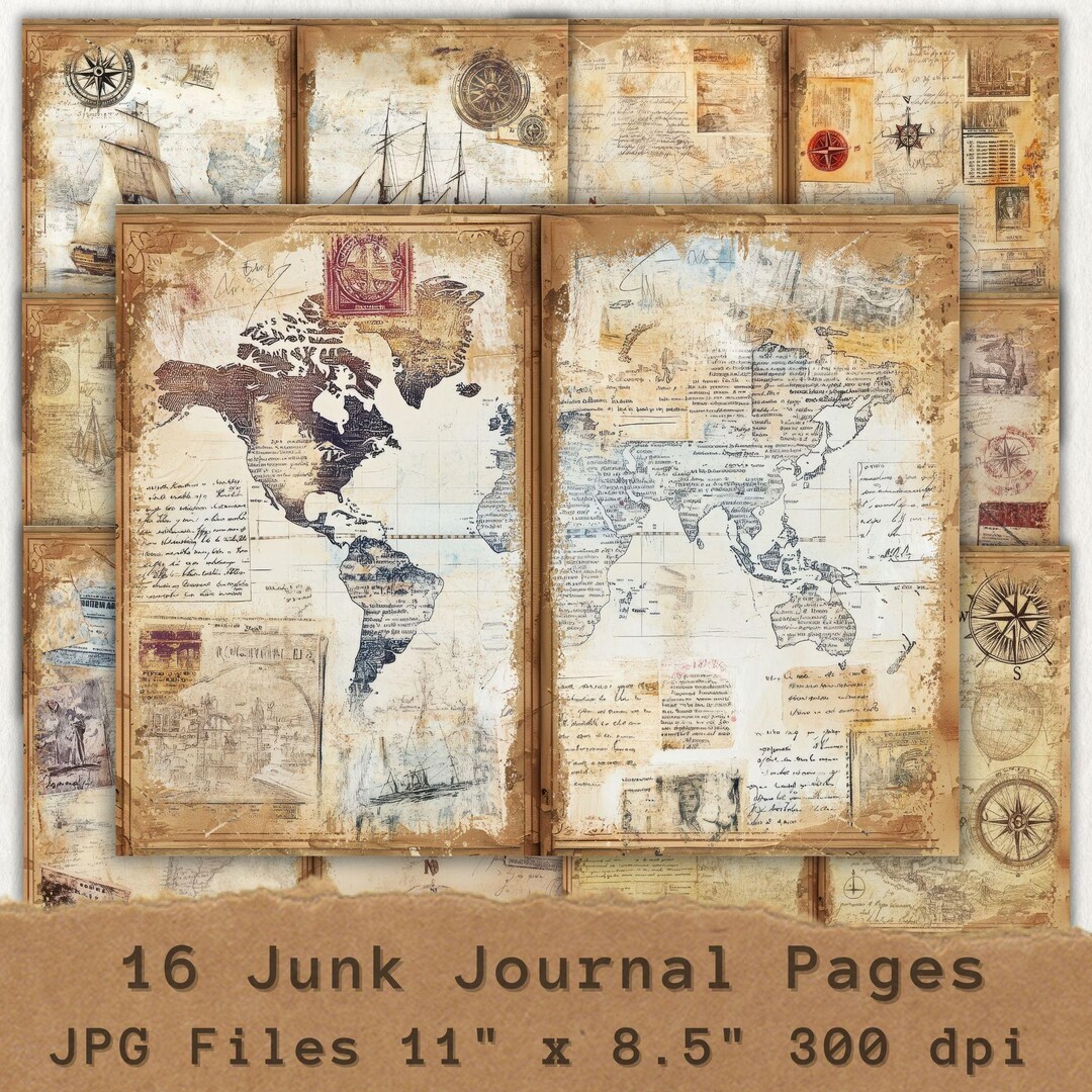 Vintage World Map Junk Journal Pages, 16 Antique Ephemera Printable ...