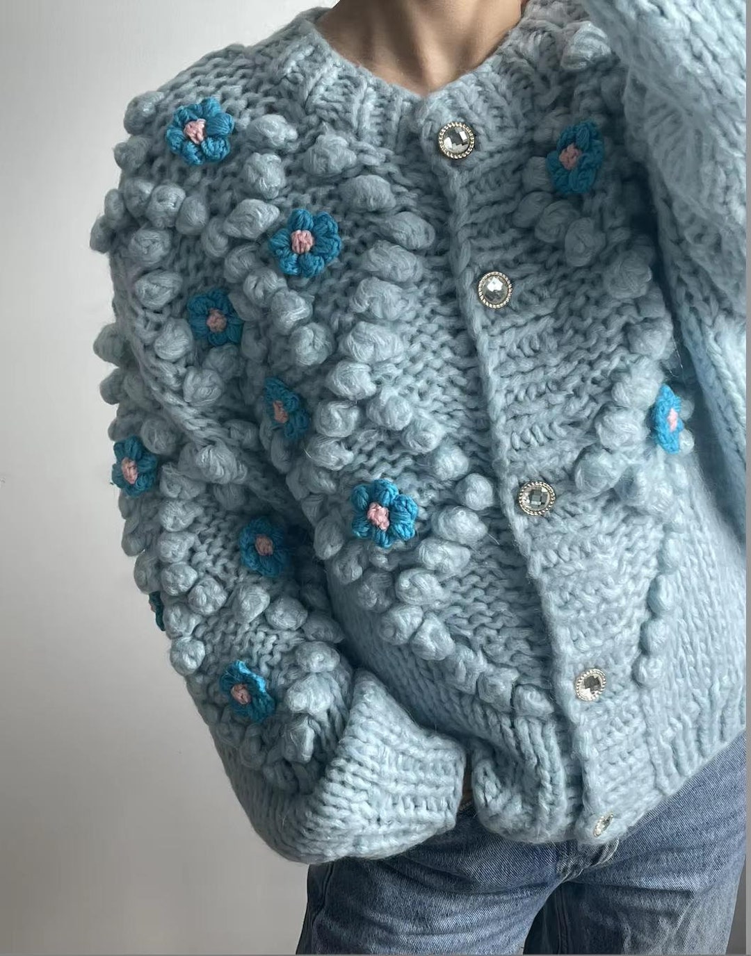 Chunky Flower Fall Cosy Cardigan Sweater, Embroidery Floral Cardigan ...