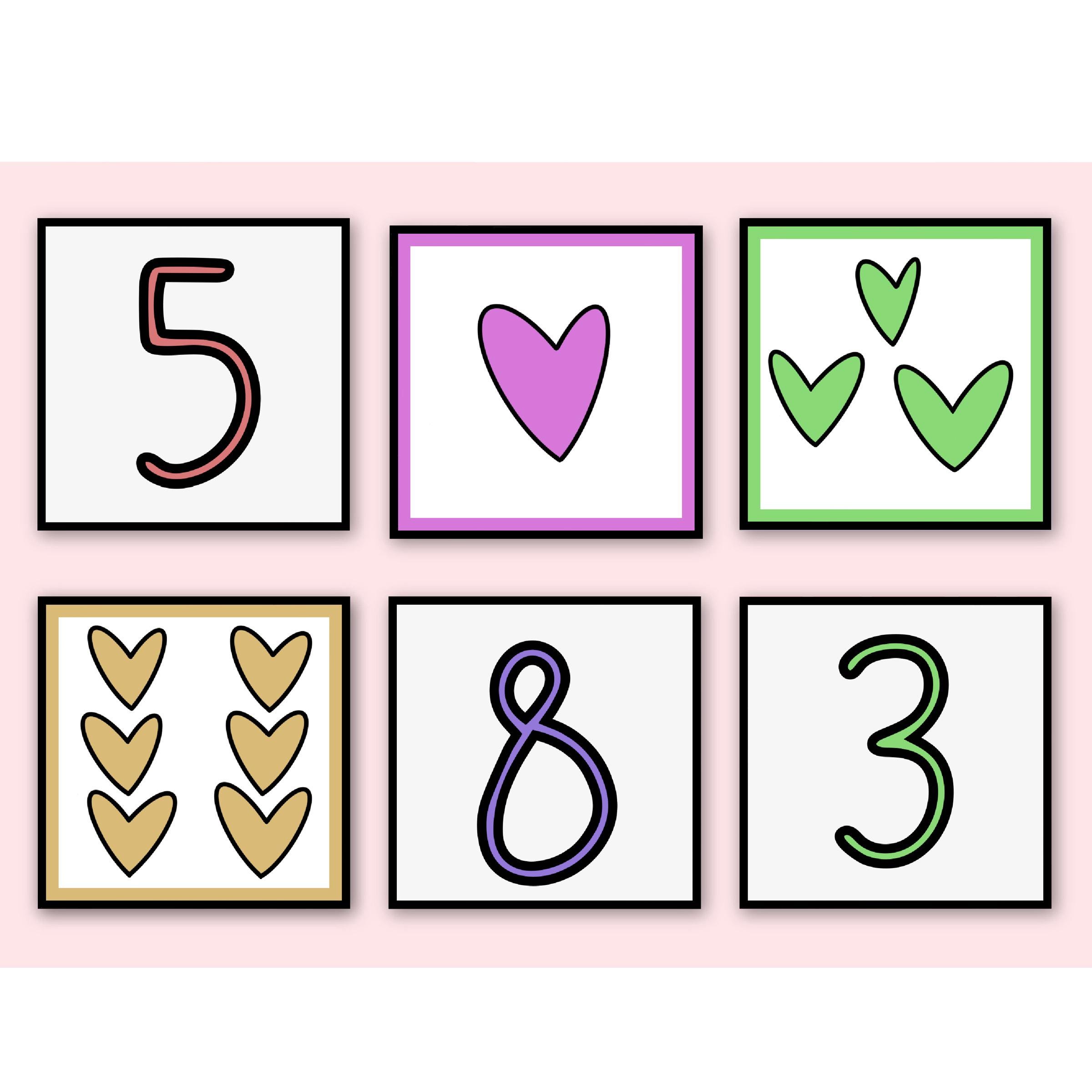 Number Cards for Kids, Numbers 1-10, Heart Matching Game, Use in ...