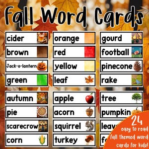 Word Cards, Word Cards for Kids, Word Cards for Children, Fall Word ...