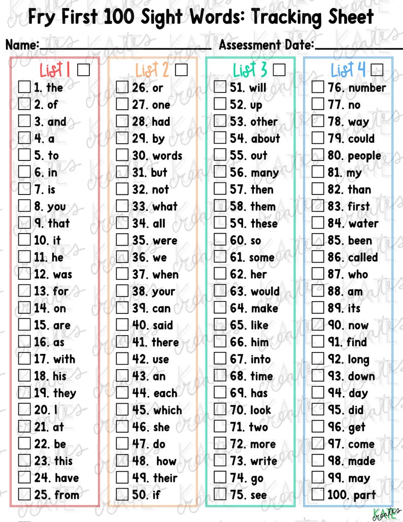 Fry First 100 Sight Word Flashcards: Kindergarten Learning (PDF) - Etsy