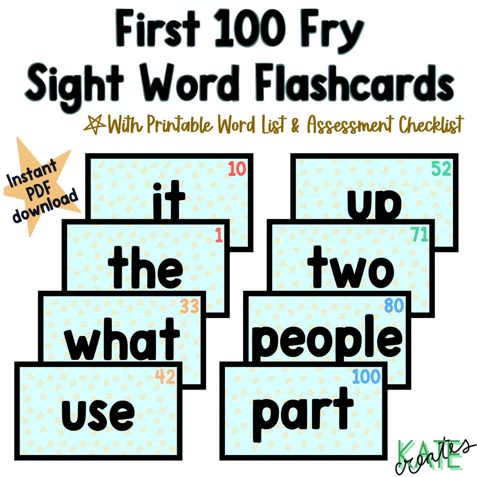 Fry First 100 Sight Word Flashcards: Kindergarten Learning (PDF) - Etsy