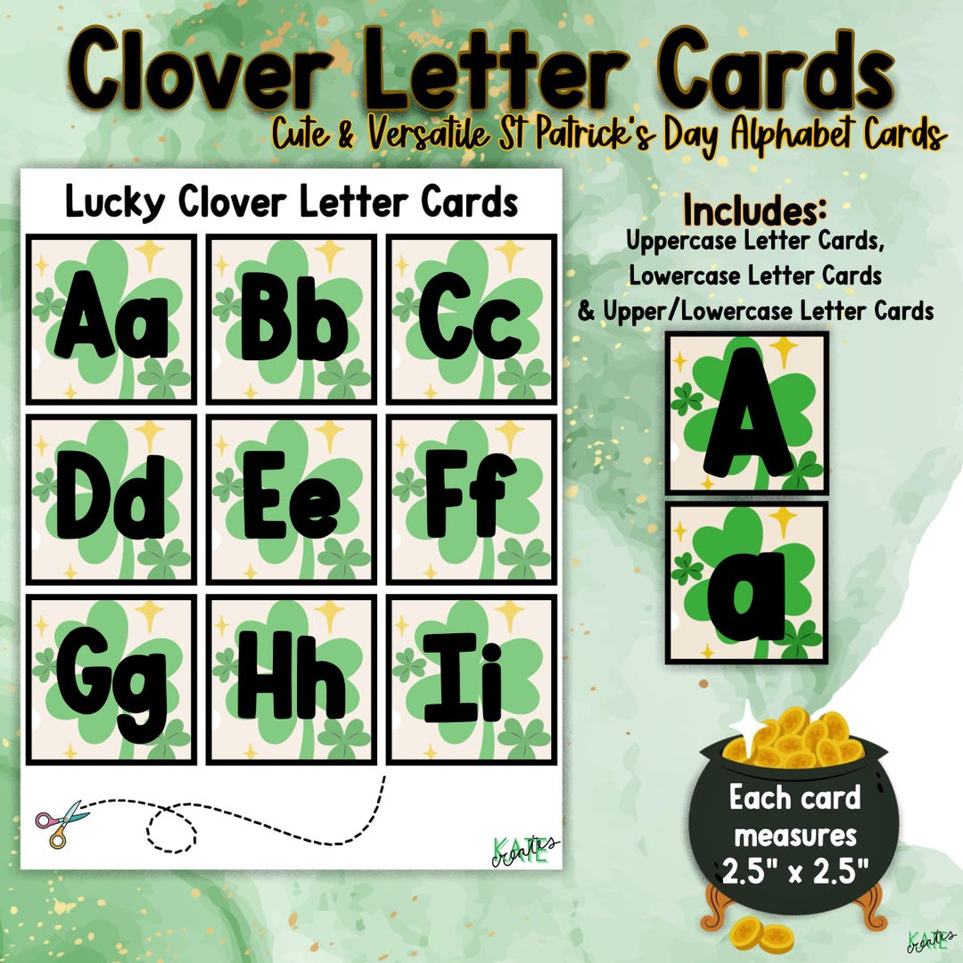 Lucky Four Leaf Clover Prek Printable Alphabet Flash Cards, ELA Letter ...