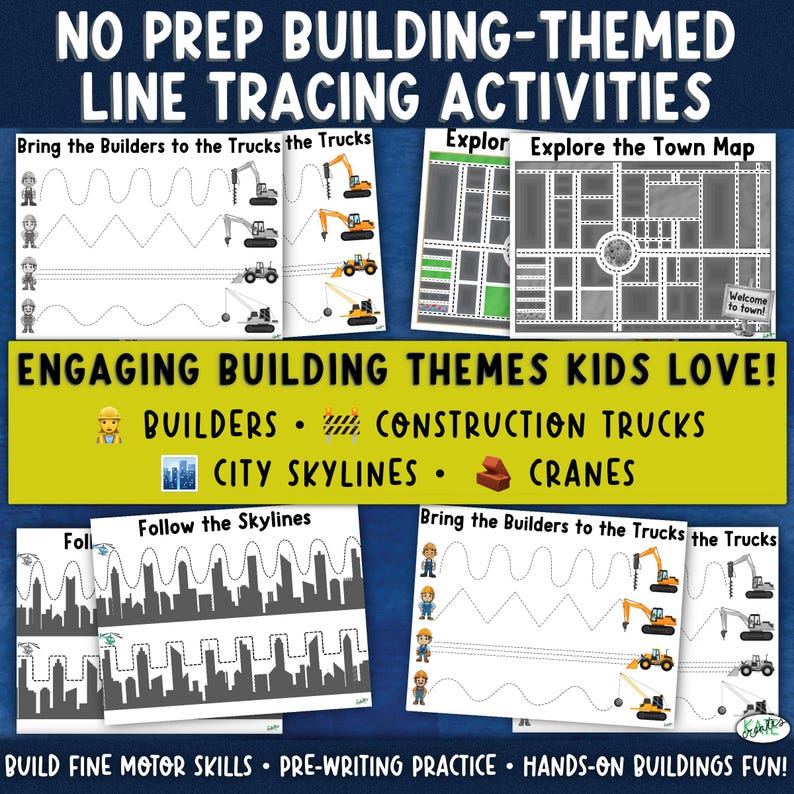 Building Theme Line Tracing Worksheets | Fine Motor & Pre-writing ...