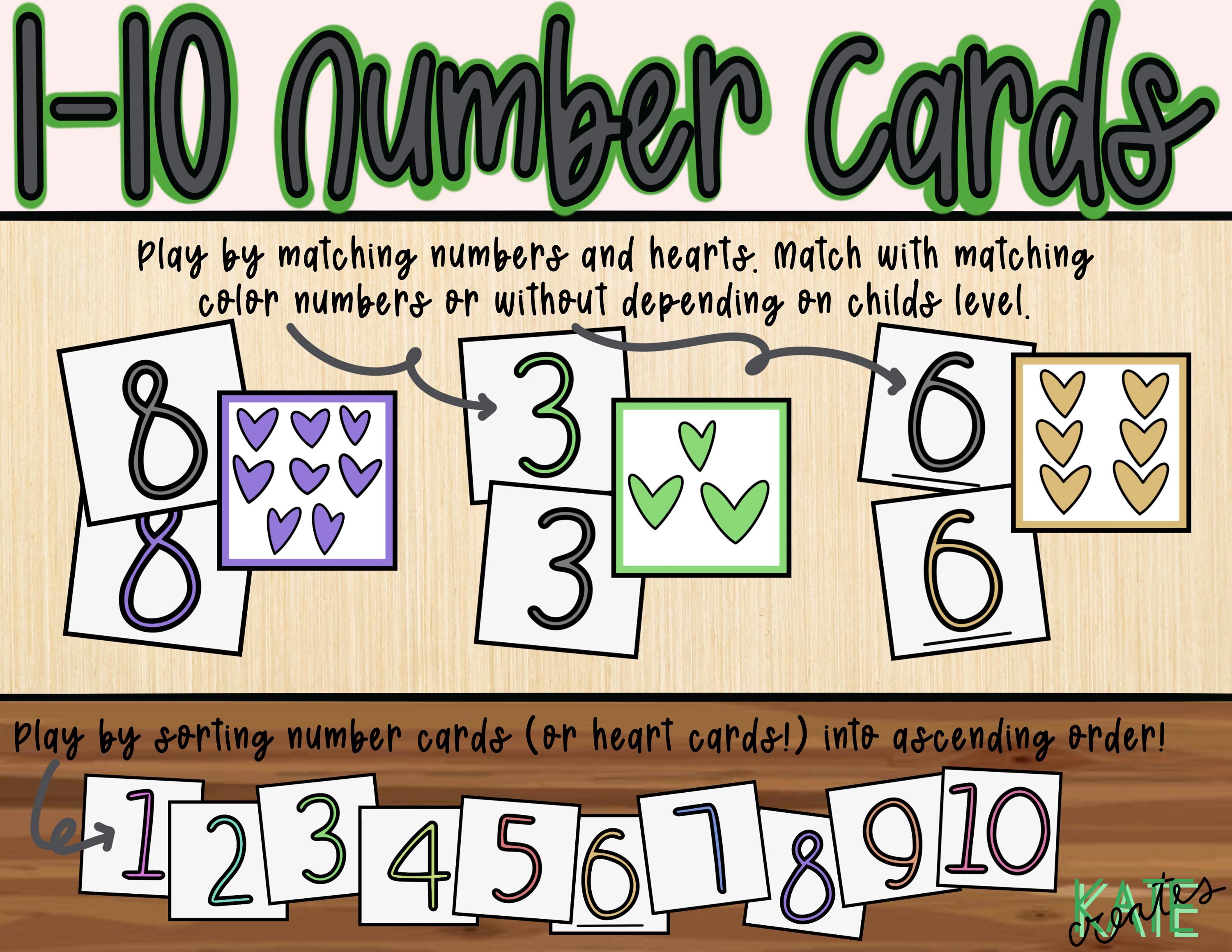 Number Cards for Kids, Numbers 1-10, Heart Matching Game, Use in ...