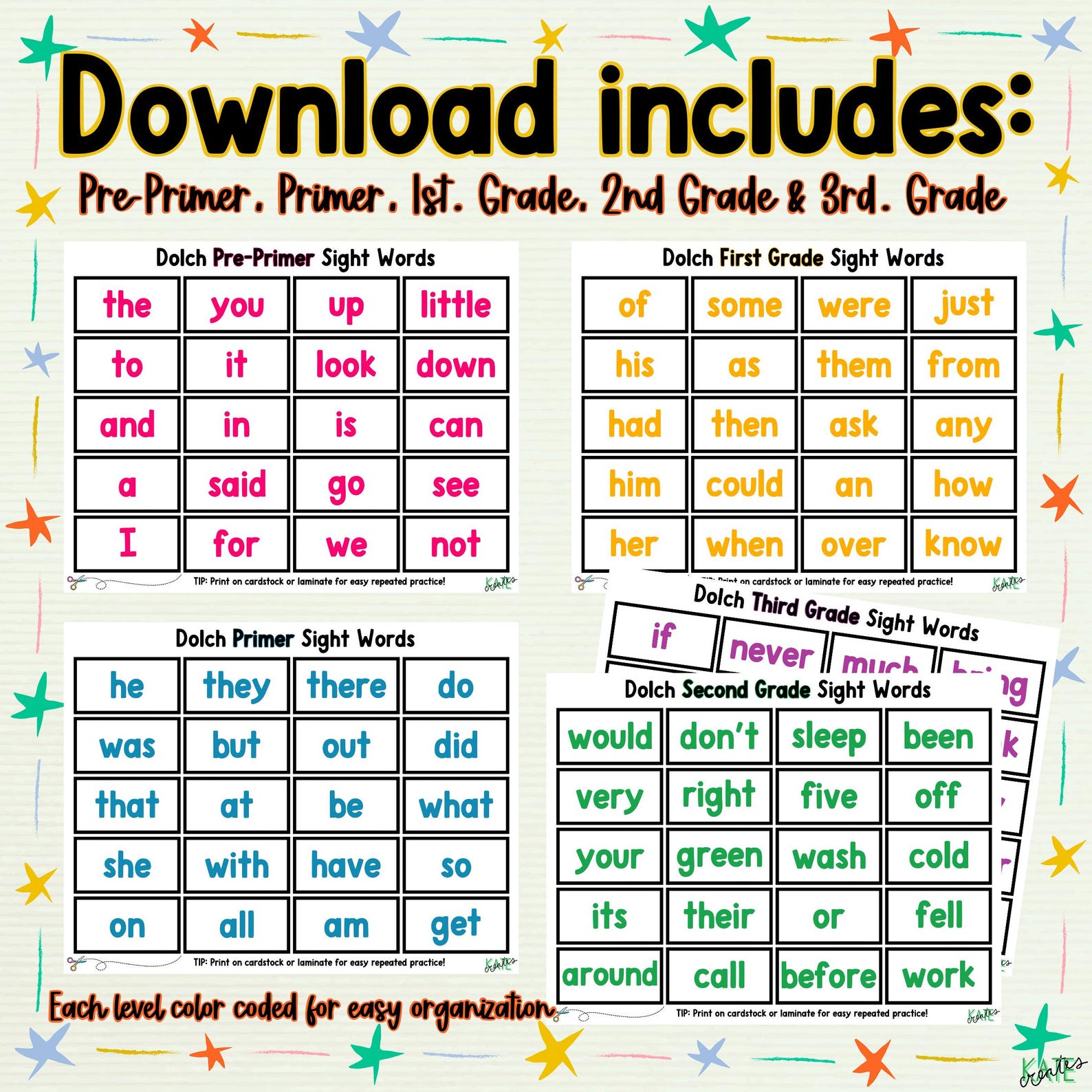 Printable Dolch Sight Word Flashcards, Kindergarten Learning, High ...