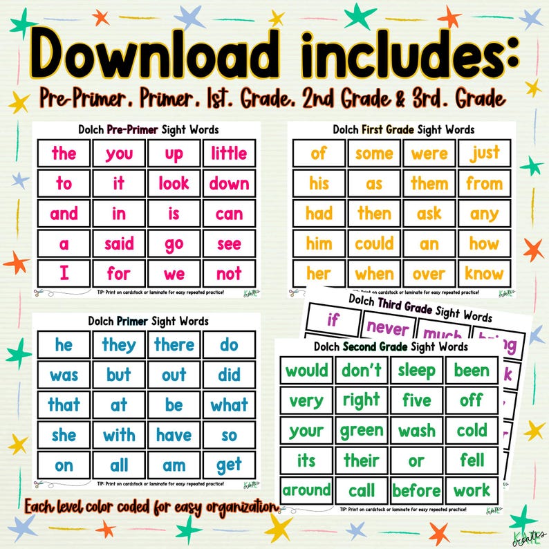 Printable Dolch Sight Word Flashcards, Kindergarten Learning, High ...
