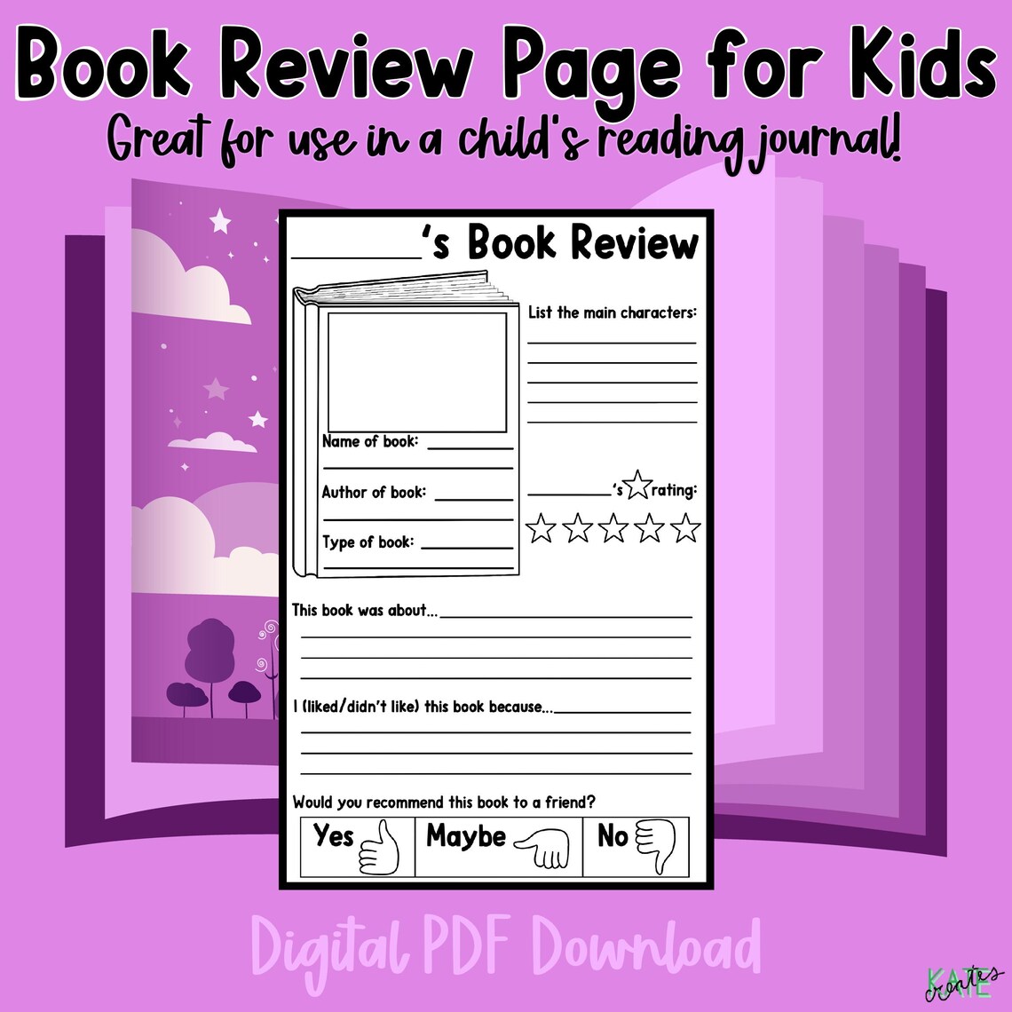 Book Review Template for Young Children | Printable Reading Log Outline ...