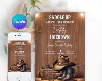 Western Hoedown Birthday Party Invitation, Printable Cowboy Birthday Invite, Saddle up and Put ...