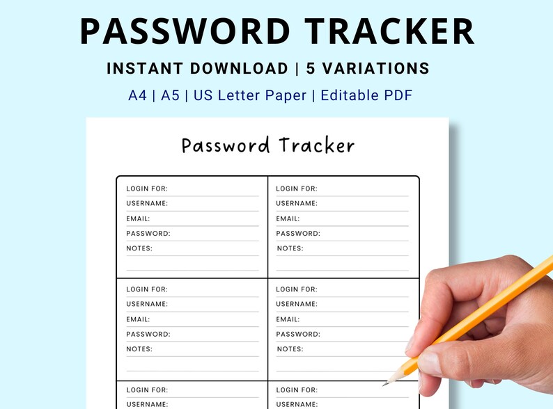 Password Tracker Printable | Fillable Password Log | Simple Password ...