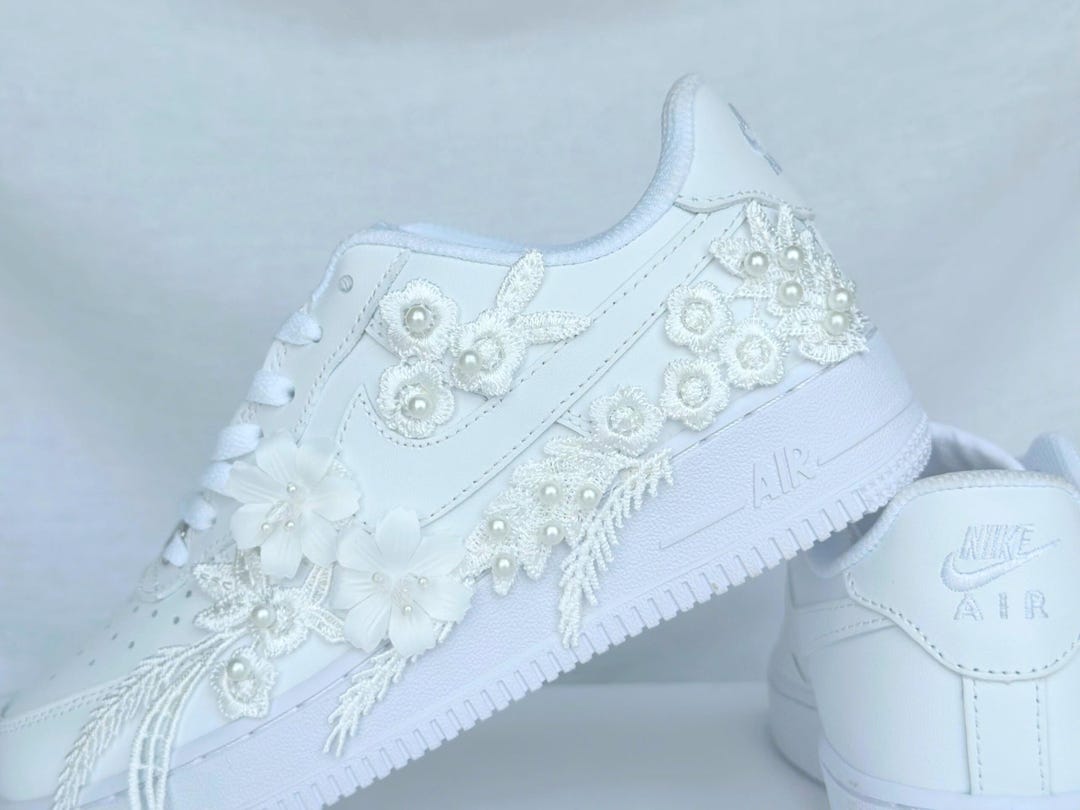 Custom White Wedding Shoes • Lace Embroidery and Pearls • Personalized ...