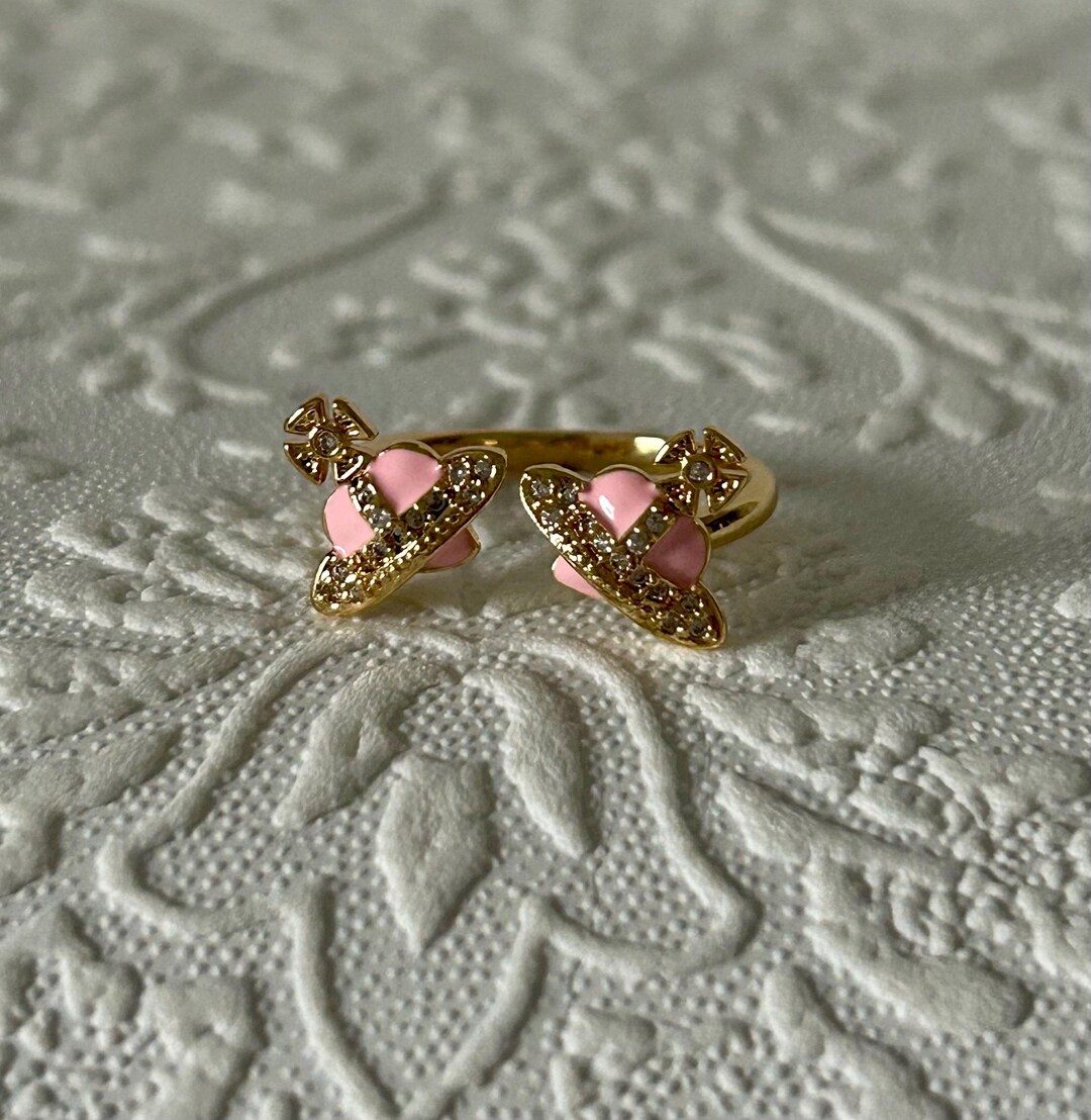 Adjustable Gold Pink Heart Saturn Orb Ring, Gold Statement Adjustable ...
