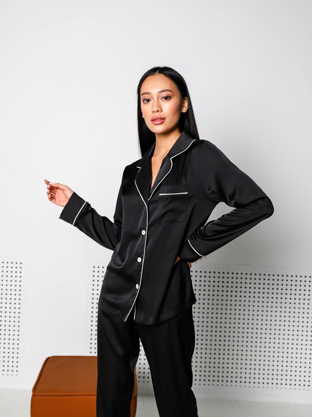 Luxurious Black Silk Pajama Set for Women - Etsy