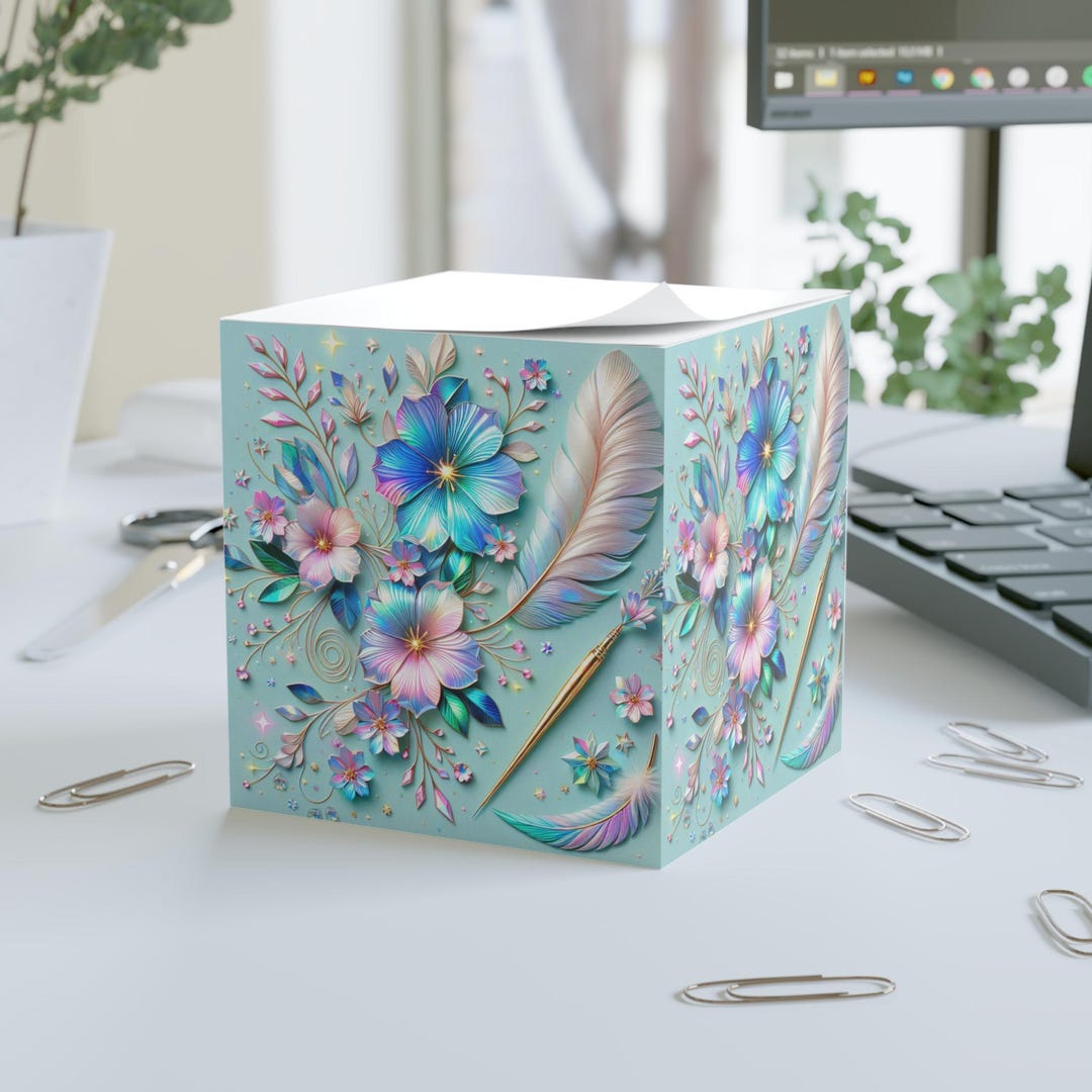 Iridescent Floral Post-it Note Cube, Stylish Workspace Accessory ...